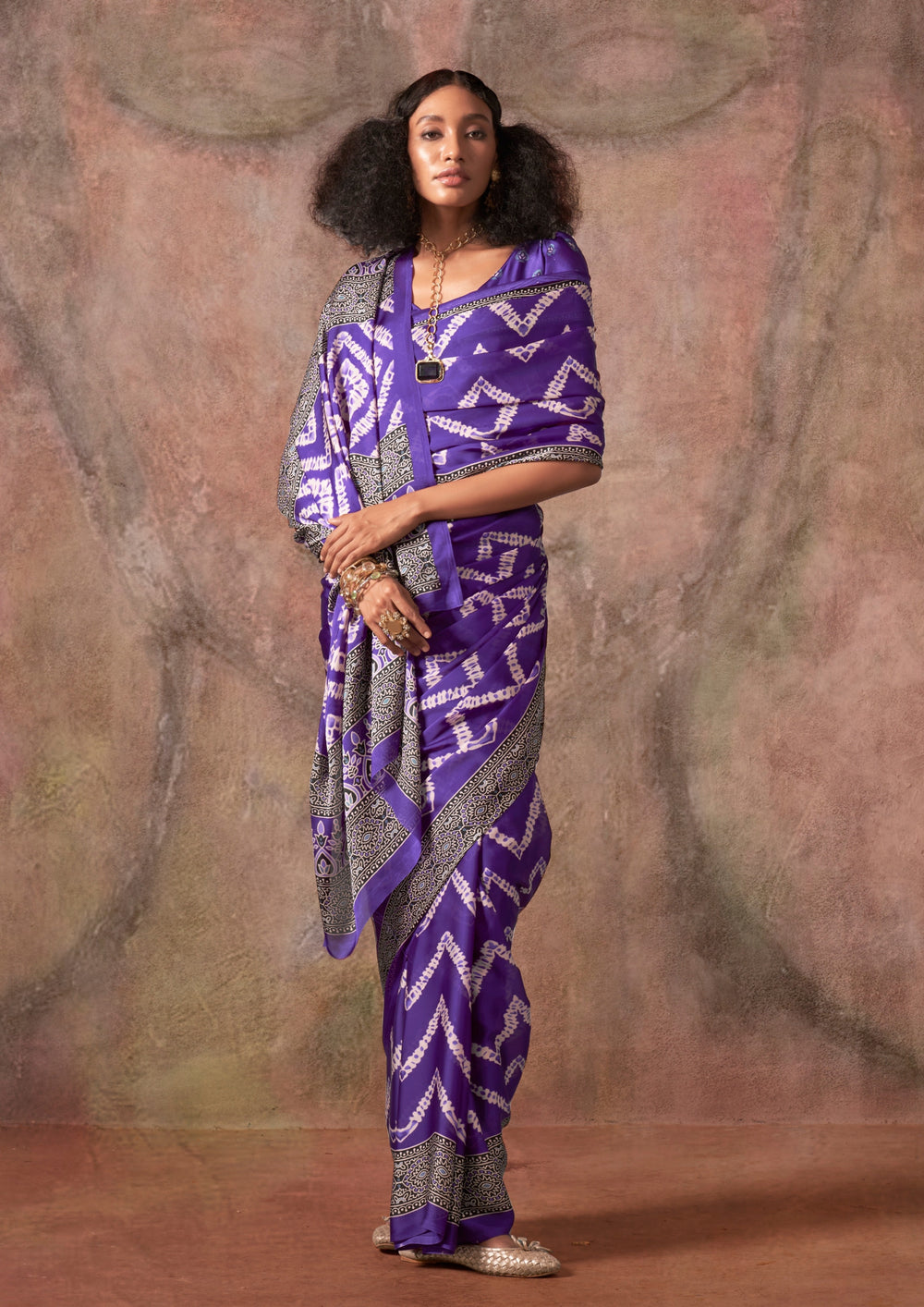 Black Raisins Ajrakh Printed Satin Georgette Silk Saree – Anant Exports