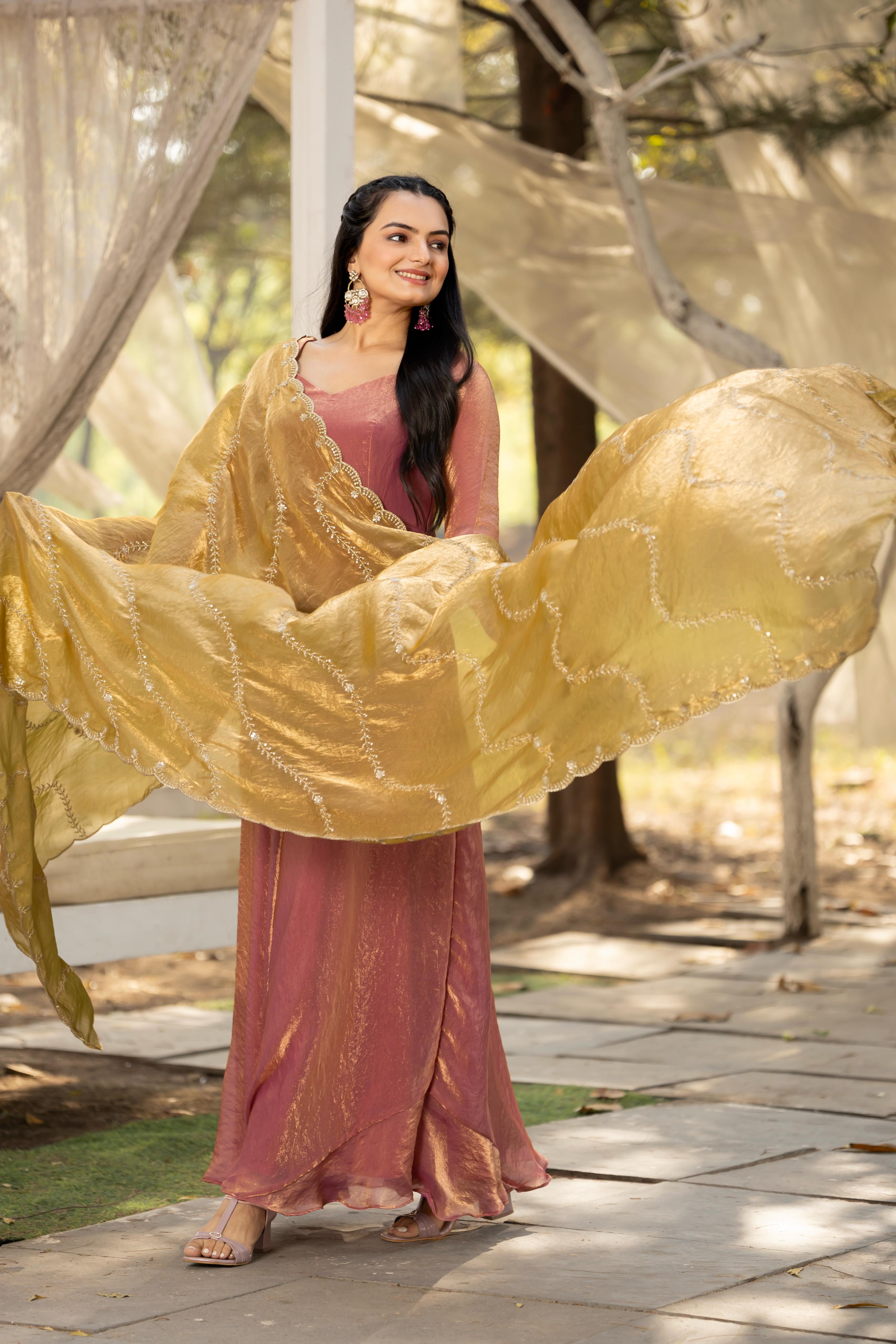 Rose Gold Pure Space Silk Anarkali Long Gown – Anant Exports