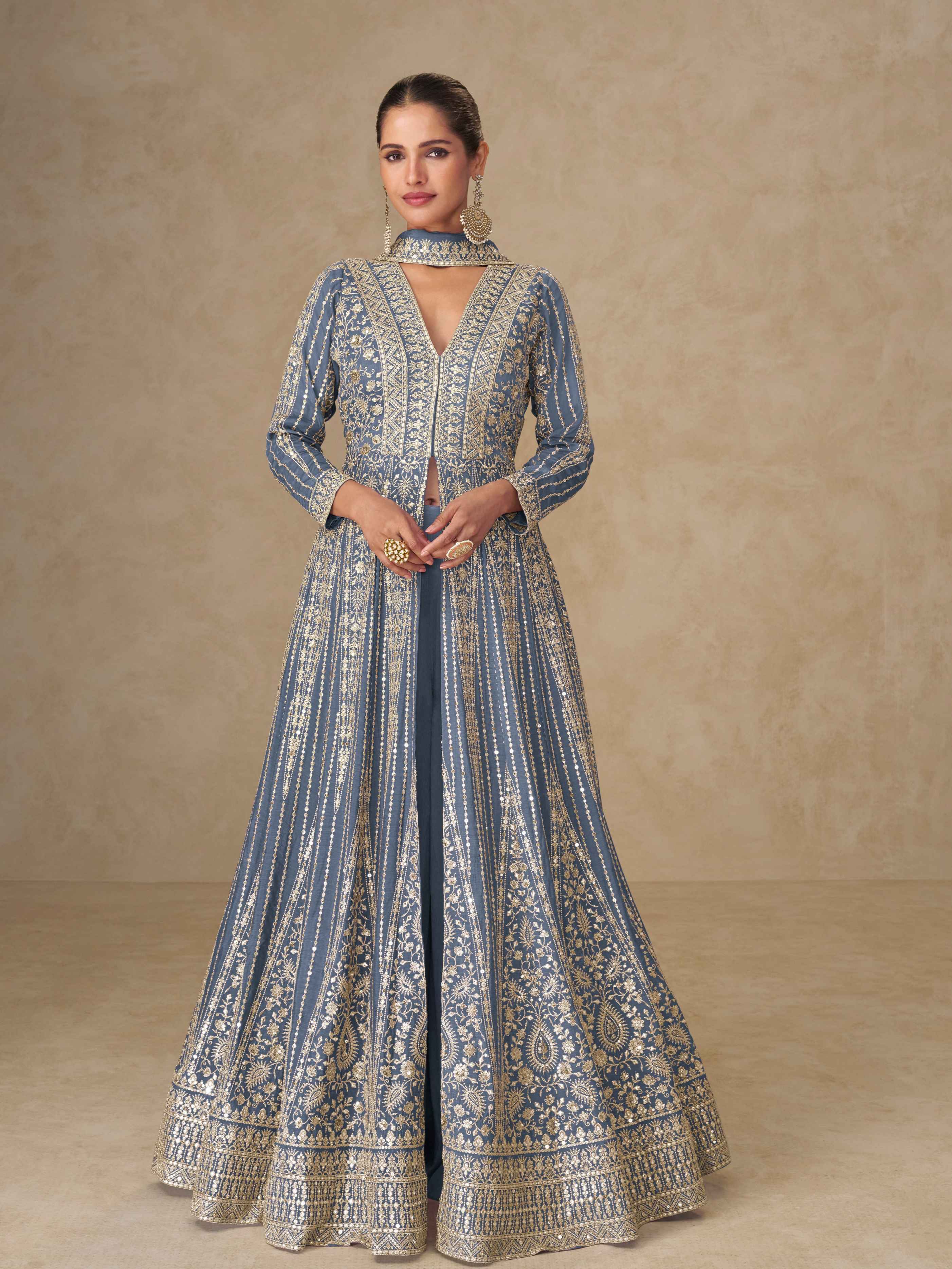 Designer Premium Chinnon Silk Embroidered Anarkali Suit with Dupatta ...