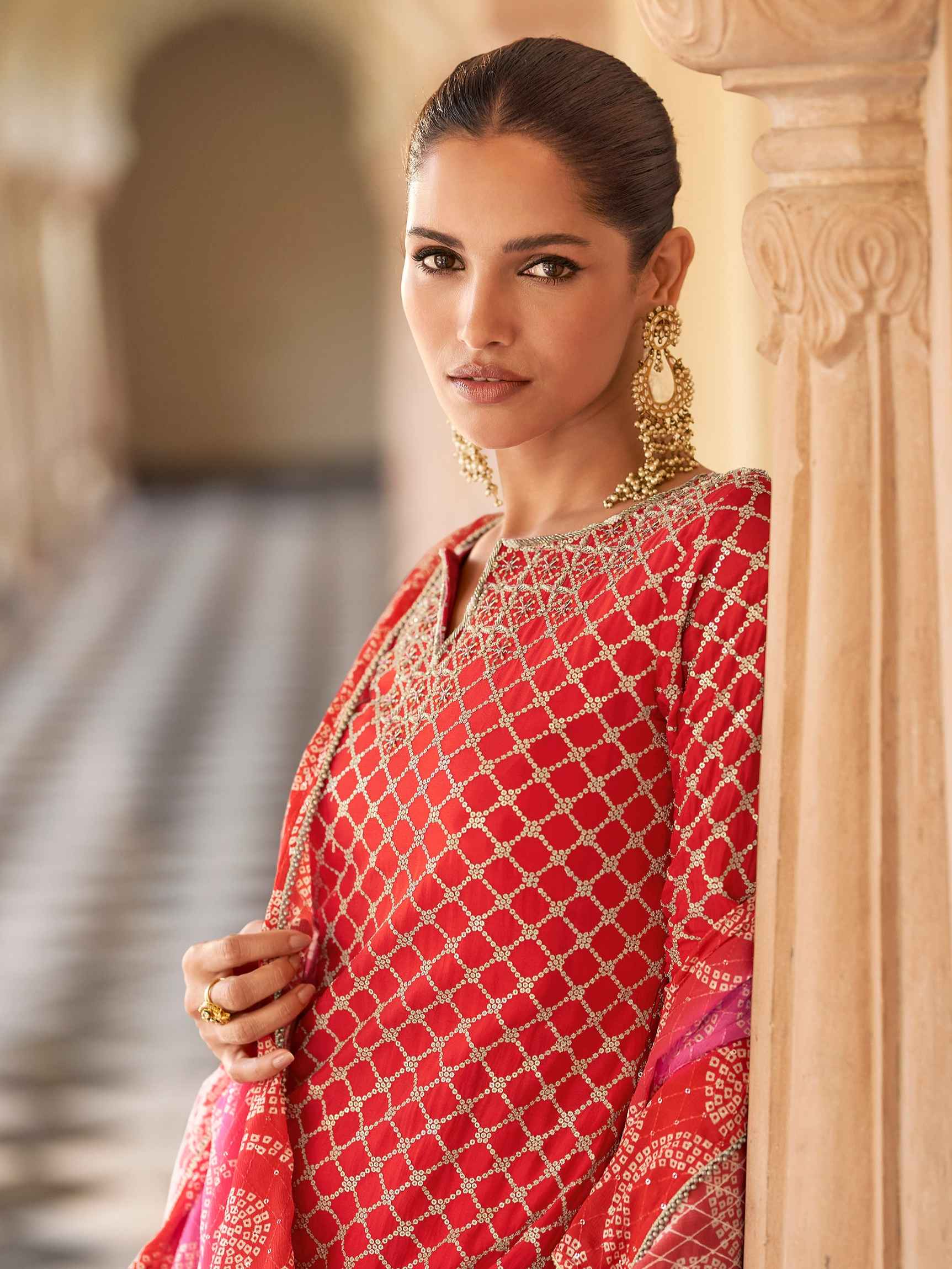 Classic Red Premium Silk Sharara Suit with Heavy Embroidery – Anant Exports