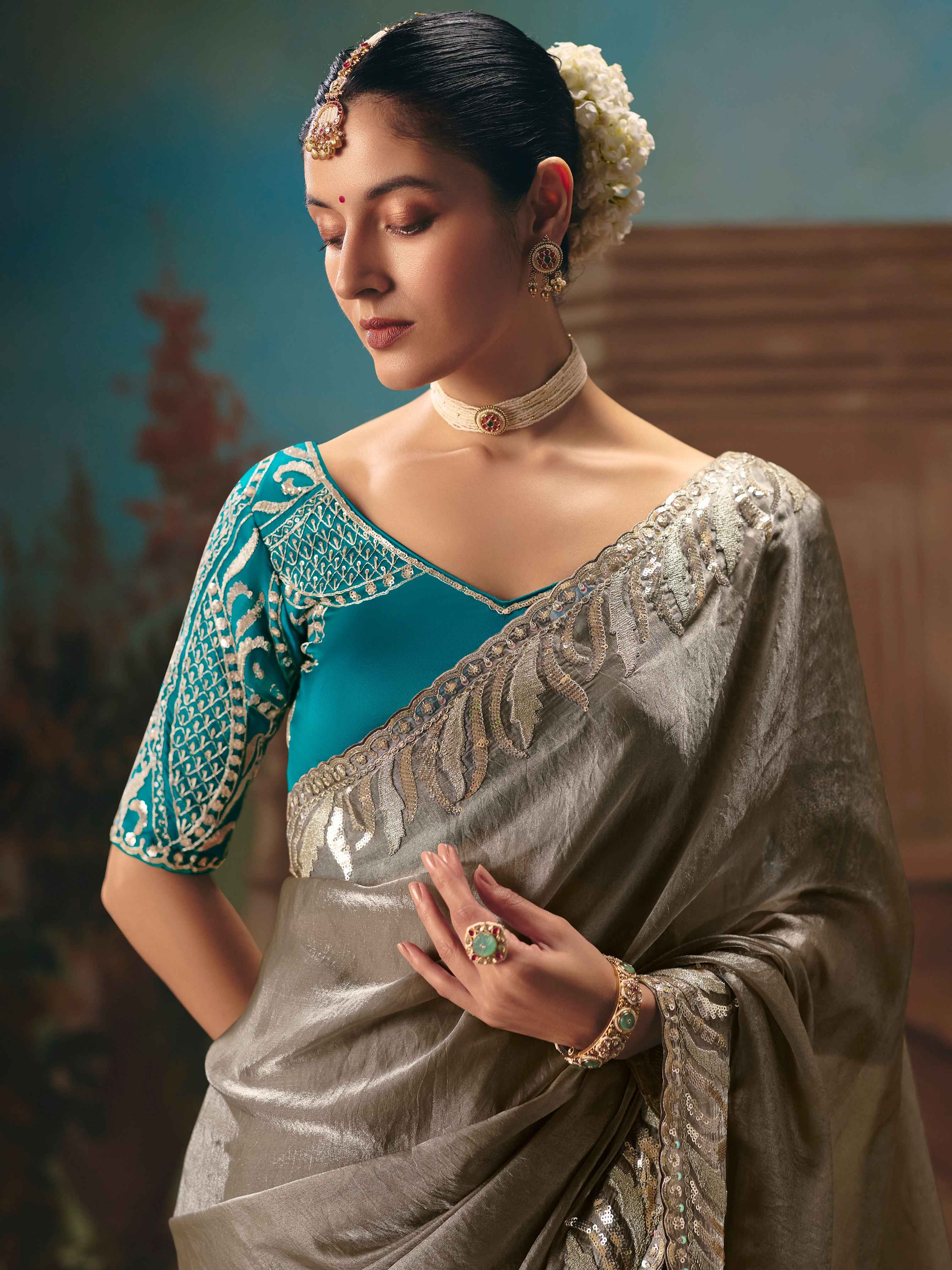 Grey Silver Fancy Saree with Sequins & Cutwork Border – Anant Exports